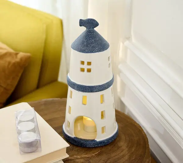 HOME REFLECTIONS Earthenware Lighthouse W/ 6pc Tealights