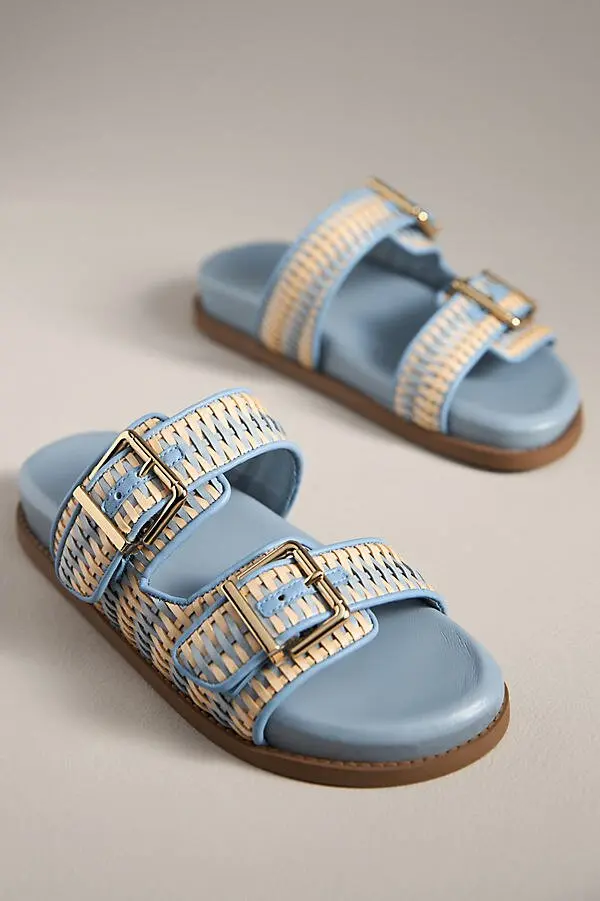 Schutz Buckle Slide Sandals - Bege/sky Blue