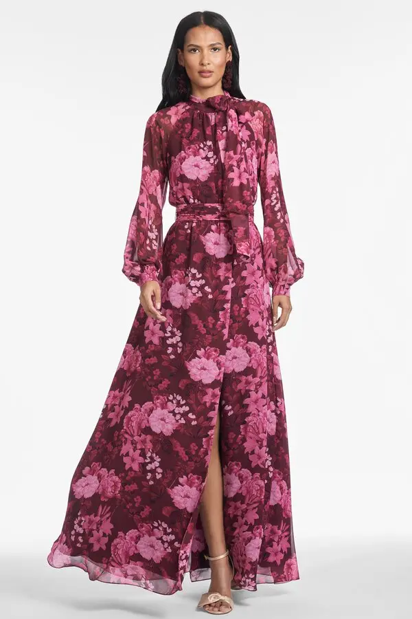 Sachin & Babi Vera Floral Chiffon Gown - Raspberry Floribunda