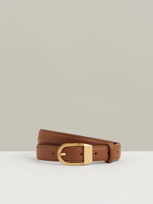 REISS Leather Belt With Curved Buckle - Tan