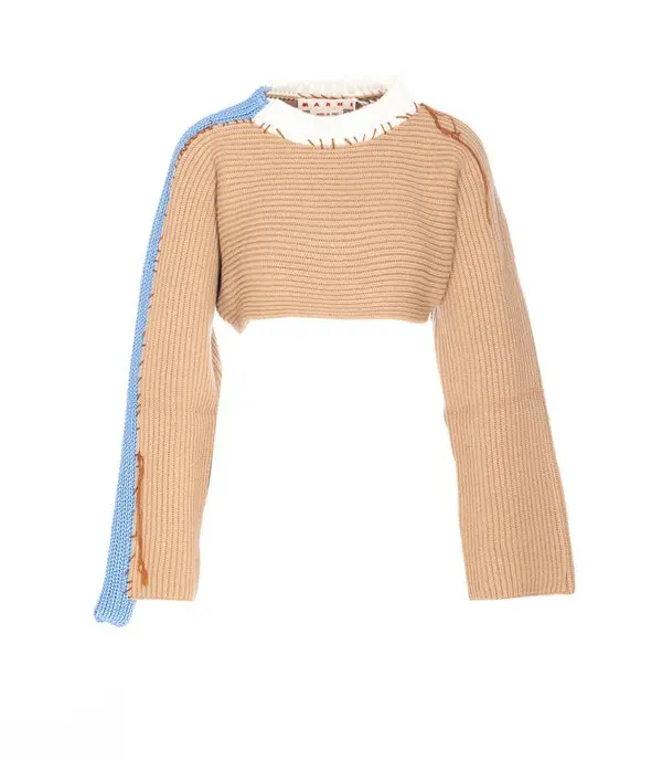 Marni Knitted Crewneck Cropped Sweater - Beige