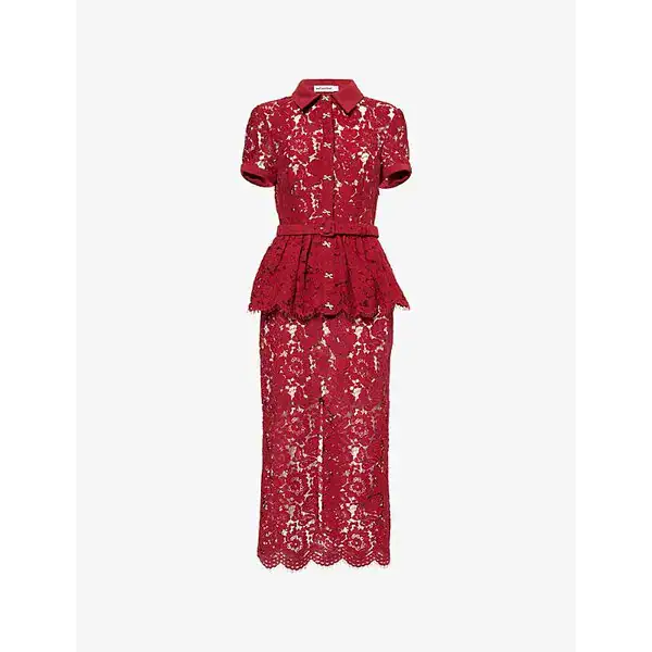 Buy SELF-PORTRAIT Lace Peplum Woven Midi Dress - Burgundy At 64% Off |  Editorialist