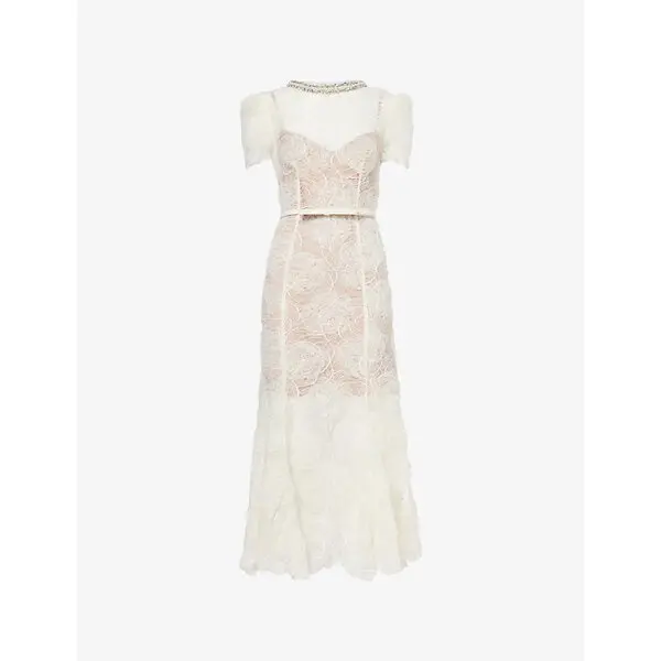 SELF-PORTRAIT Tulle Lace Midi Dress - Cream