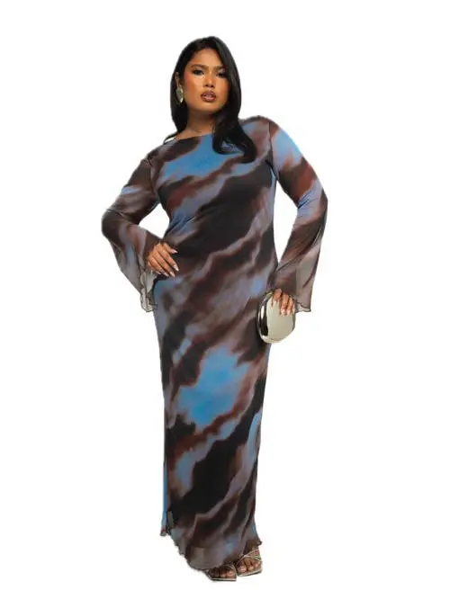 FASHION-SZN CURVE Abstract Print Mesh Maxi Dress - Blue