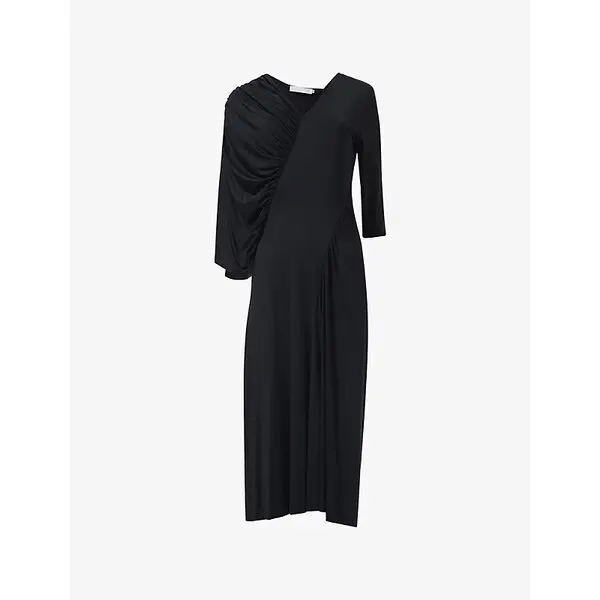 LEEM Asymmetric Gathered Panel Woven Midi Dress