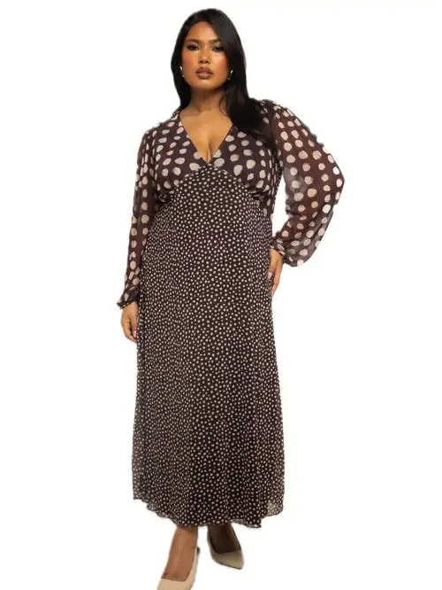 FASHION-SZN CURVE Polka Dot Mesh Midi Dress - Brown