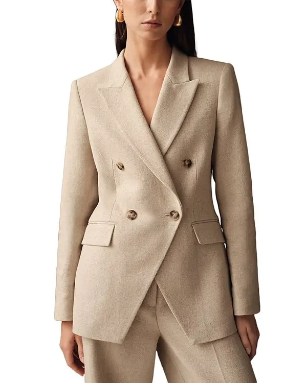 REISS Petite Double Breasted Linen Suit Blazer - Neutral