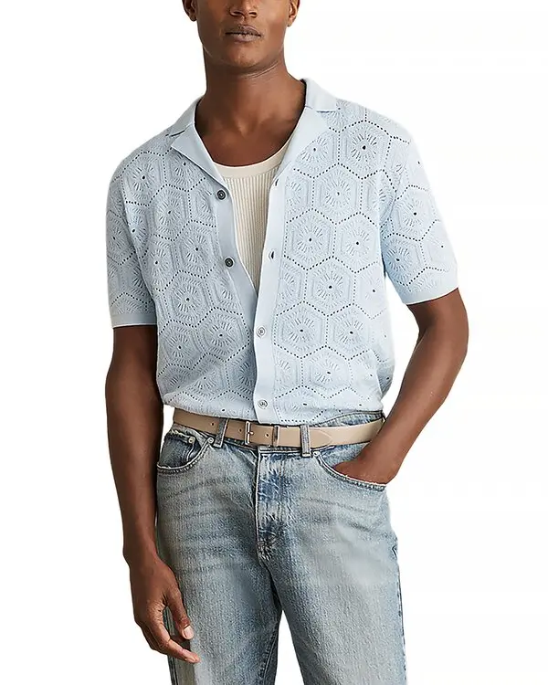 REISS Hexagon Pointelle Camp Shirt - Soft Blue