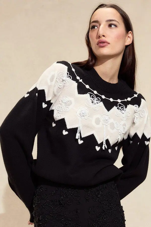 Cynthia Rowley Milei Beaded Sweater - Black / Stripe / White