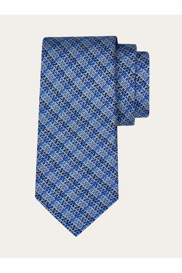 FERRAGAMO Gancini Chain Print Silk Neck Tie - Blue