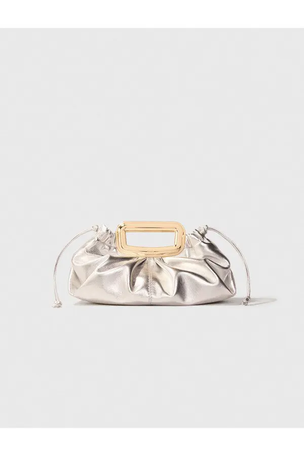 Maje Leather Clutch With Metal Handle - Silver