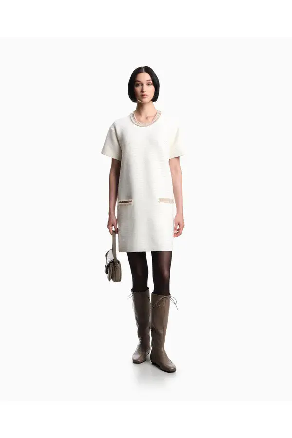 Emporio Armani Ottoman Fabric Dress With Fringed Details - White