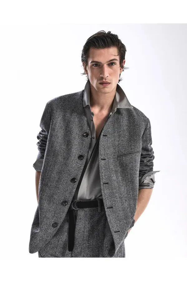 Giorgio Armani Heritage Line Chevron Jacquard Virgin Wool Single-breasted Jacket - Natural