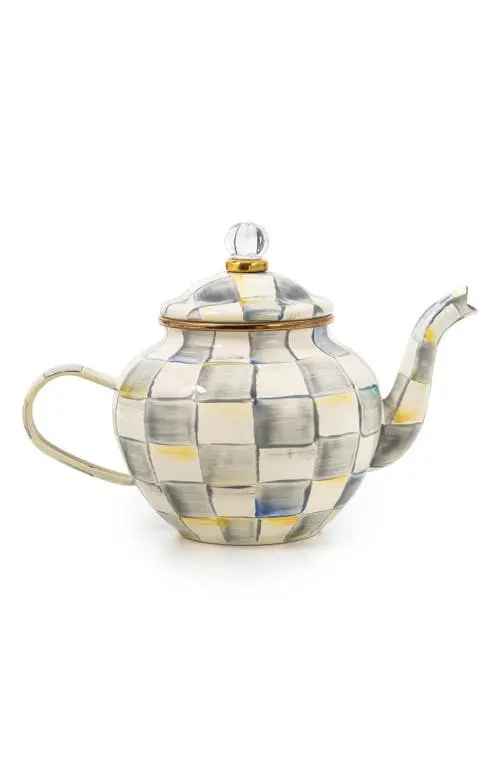 MACKENZIE-CHILDS Sterling Check Enameled Steel Teapot - Grey/ White