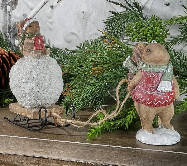 VALERIE PARR HILL 6.5' Squirrel Pulling Snowball On Sled Valer Ie