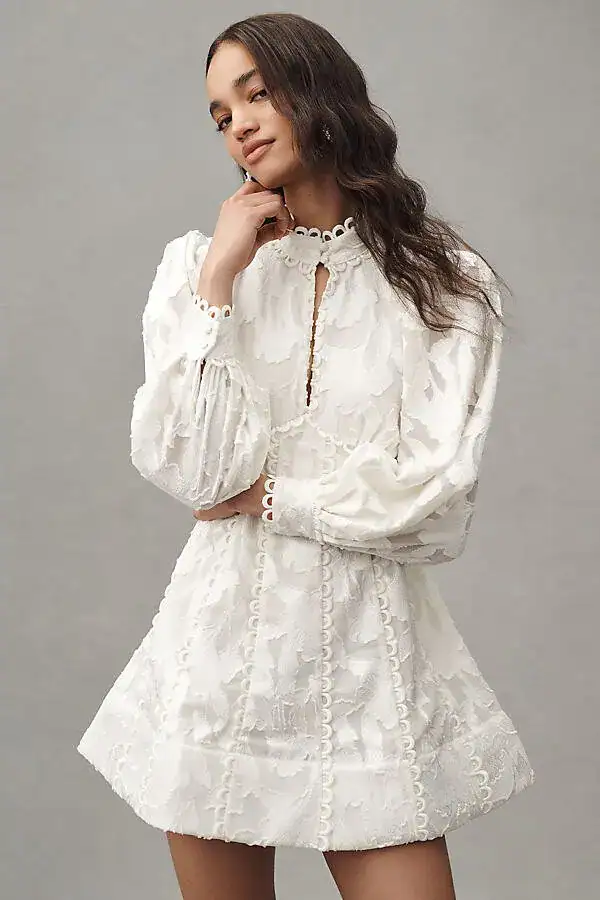 Bhldn Long-Sleeve High-Neck Floral A-Line Mini Dress In White Dahlia - 30%  Off | Editorialist