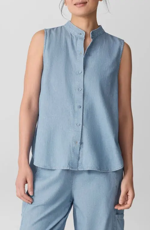 Eileen Fisher Sleeveless Organic-cotton Chambray Shirt - Washed Indigo