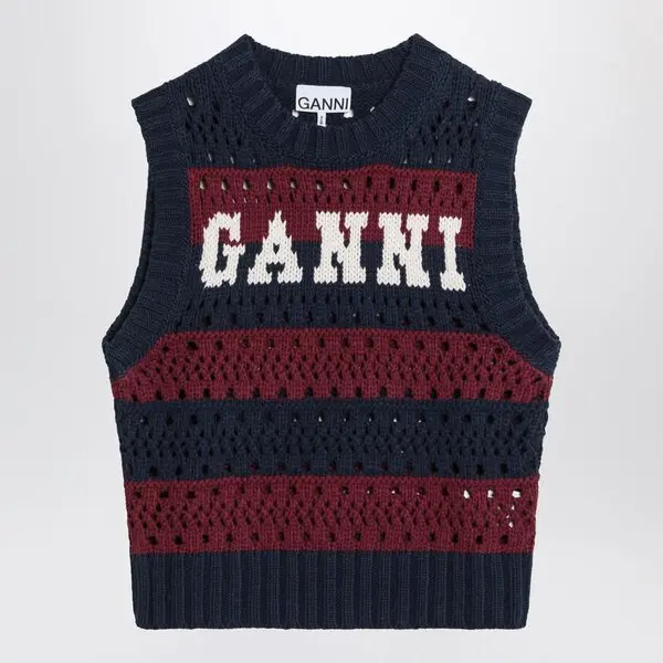 GANNI Striped Openwork Vest With Logo - Multicolor