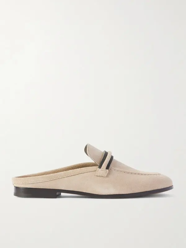Brunello Cucinelli Bead-embellished Suede Slippers - Brown
