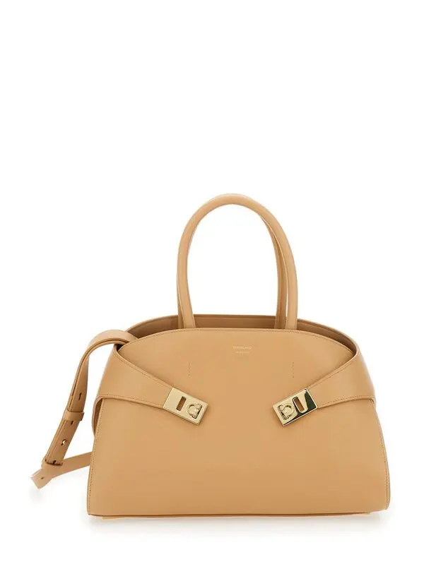 FERRAGAMO Shoulder Bag With Logo And Gancini Buckle - Beige