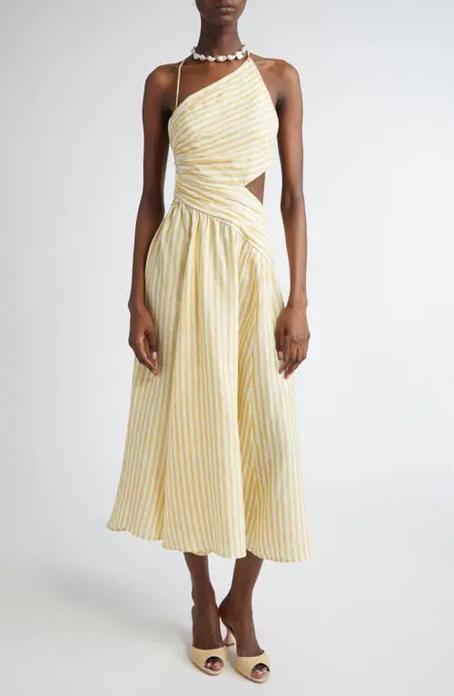 Zimmermann Cascadian Stripe Cutout Asymmetric Linen Dress - Yellow Stripe