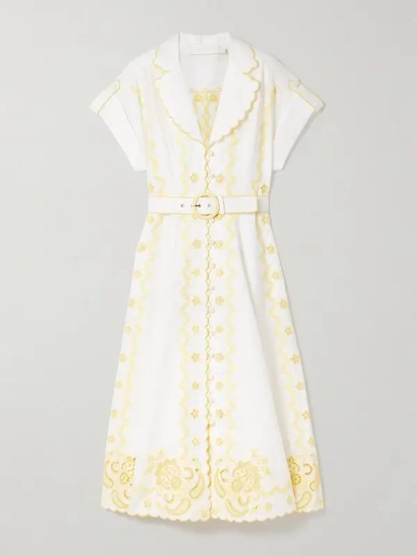 Zimmermann Lucky Belted Broderie Anglaise Linen Midi Shirt Dress - White