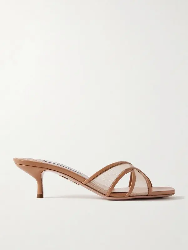 AQUAZZURA Divine 50 Leather-trimmed Tulle Mules - Brown