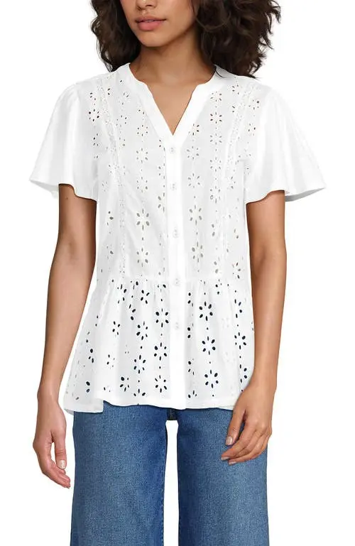 LANDS' END Mixed Media Eyelet Top - White