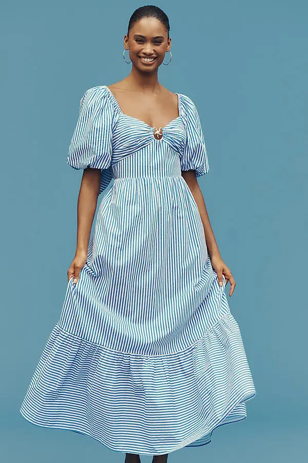 English Factory Puff-sleeve Open-back A-line Midi Dress - Blue Pattern