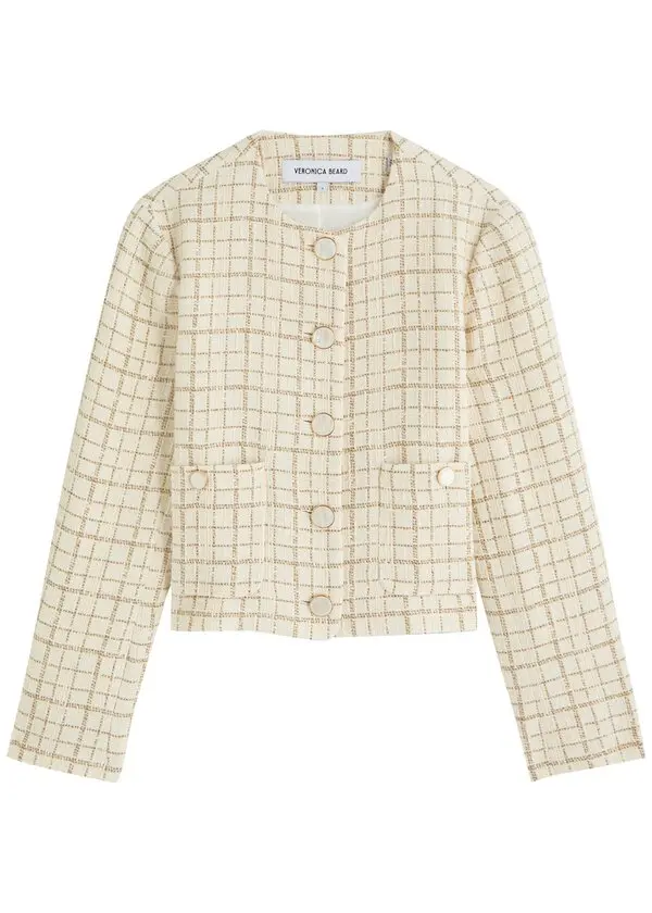 Veronica Beard Andrea Metallic-check Cotton-blend Jacket - White And Gold