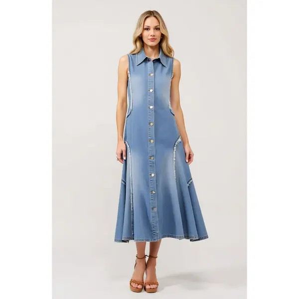 MODENAIRE Sleeveless Denim Midi Shirt Dress With Frayed Seams