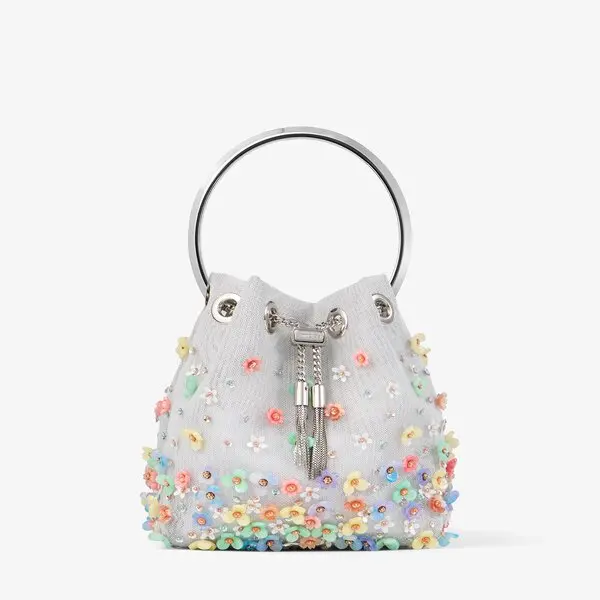 JIMMY CHOO Bon Bon Silver Mesh Bag With Embroidered Daisies