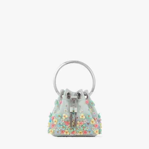 JIMMY CHOO Micro Bon Bon Light Verde Satin Bag With Embroidery Daisies