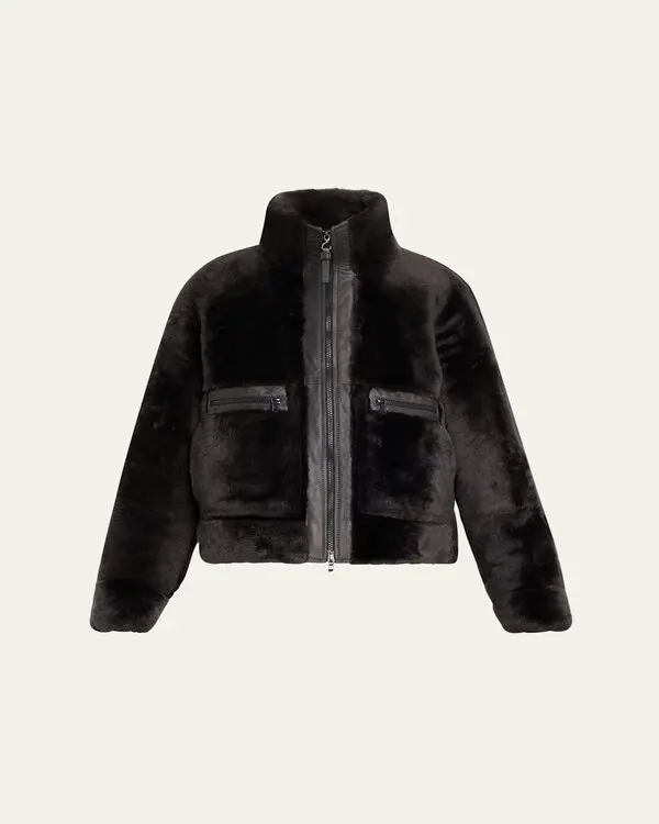 Brunello Cucinelli Shearling Velour Leather Zip Jacket - Charcoal