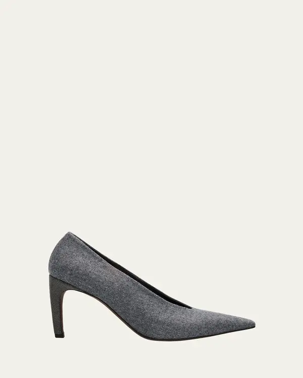 Brunello Cucinelli Flannel Wool Pumps With Monili Heel