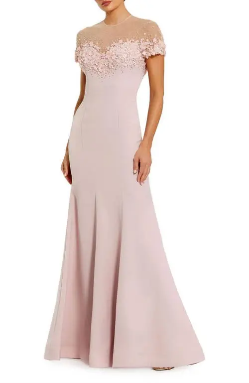 Mac Duggal Crepe Mermaid Gown With Beaded Illusion Neck