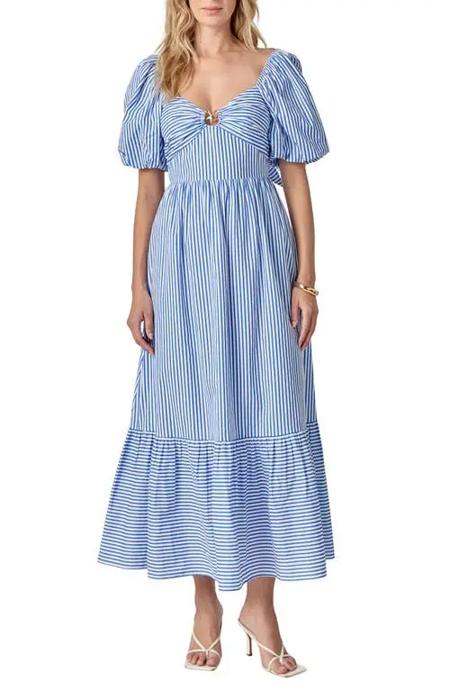 English Factory Starfish Stripe Puff Sleeve Maxi Dress - White/ Blue