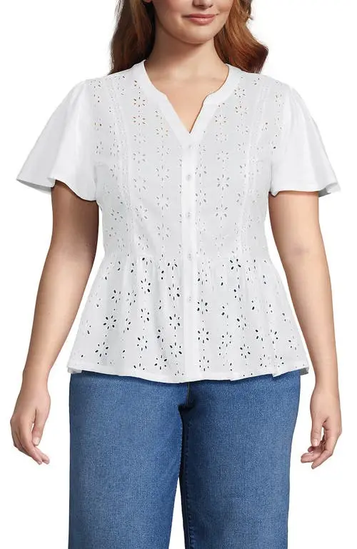 LANDS' END Short Sleeve Mixed Media Eyelet Top - White