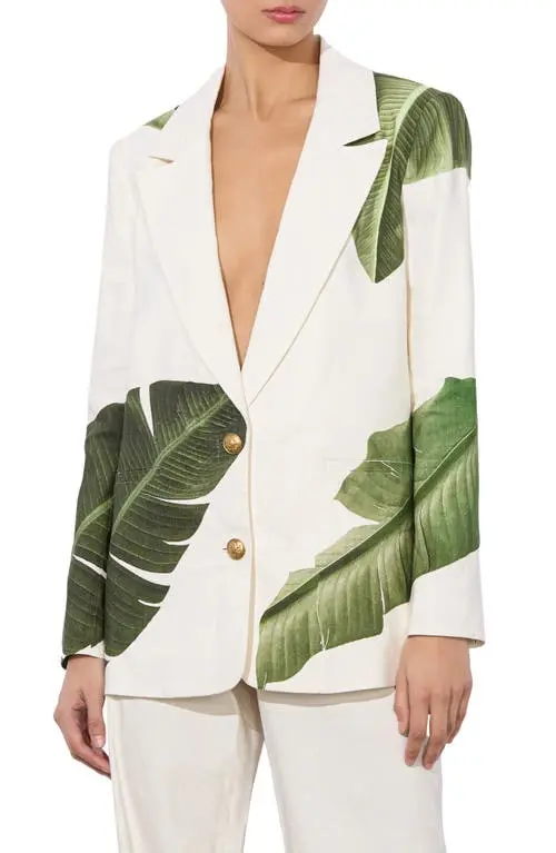 Alice + Olivia Elna Slim Fit Linen-blend Longline Blazer - Jungle Palm/ White