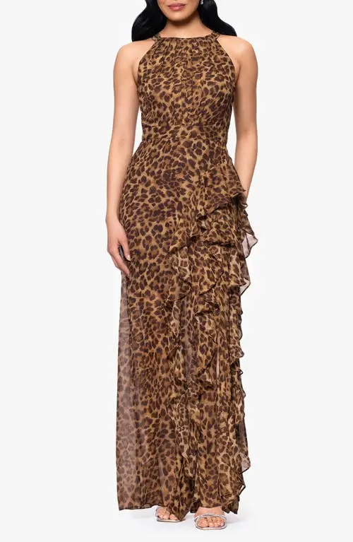 Betsy & Adam Leopard Print Ruffle Chiffon Gown