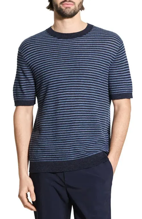 Theory Stripe Short Sleeve Linen & Cotton Blend Crewneck Sweater - Baltic/dark Rainstorm - 2dw