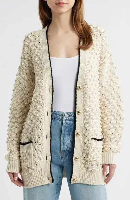 Frame Cotton Popcorn Stitch Cardigan In Cream 60% Off Editorialist