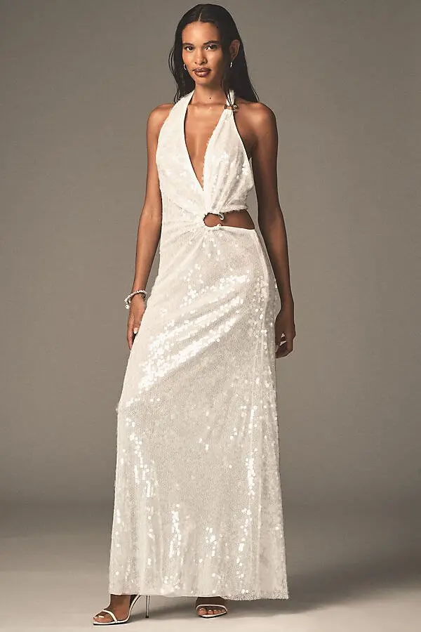 Misha Collection Asymmetric Plunge Cutout Sequin Maxi Dress - Ivory