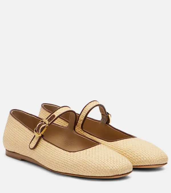 Le Monde Beryl Leather-trimmed Raffia Mary Jane Flats - Beige