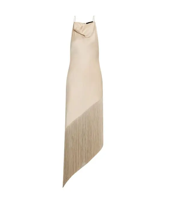 Lapointe Satin Cowl-neck Fringe Midi Dress