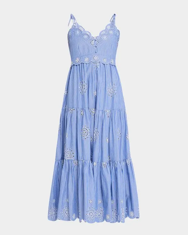 Cinq À Sept Darcey Pinstripe Embroidered Sleeveless Midi Dress - Endless Blue