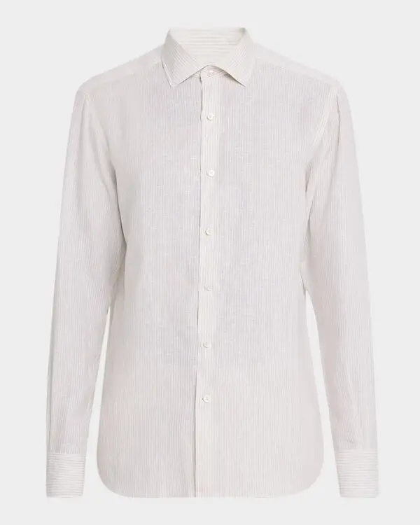 Zegna Pinstripe Oasi Lino Casual Button-down Shirt - Lt Bgestrp