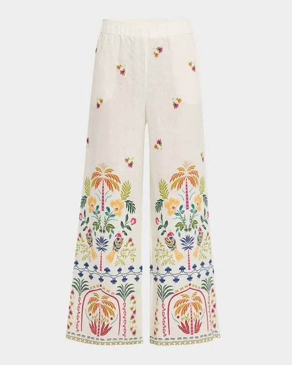Johnny Was Printed Wide-leg Linen Twill Pants