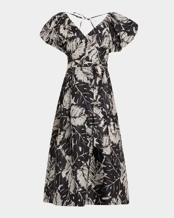Rickie Freeman For Teri Jon Botanical-print Pleated Midi Dress