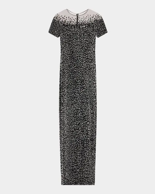 Pamella Roland Leopard Sequined Off-the-shoulder Illusion Gown